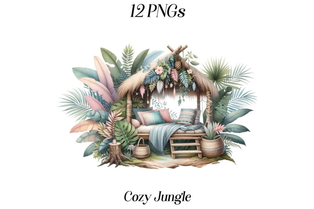 Watercolor Cozy Jungle Clipart, 12 PNG Files, Tropical Corner, Gazebo ...