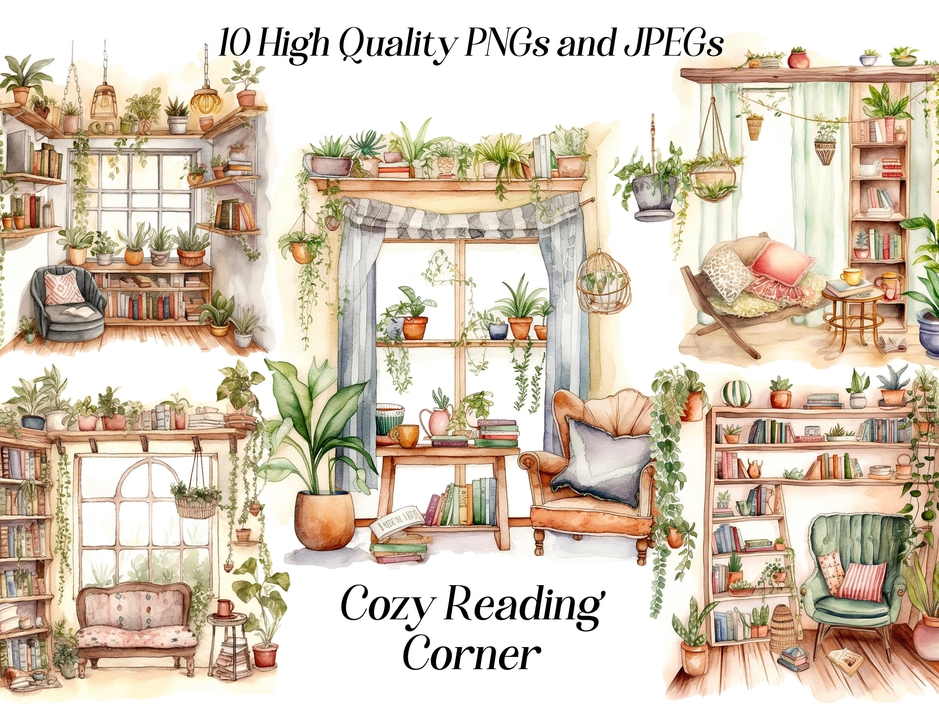 Watercolor Cozy Reading Corner Clipart 10 High Quality JPEG - Etsy
