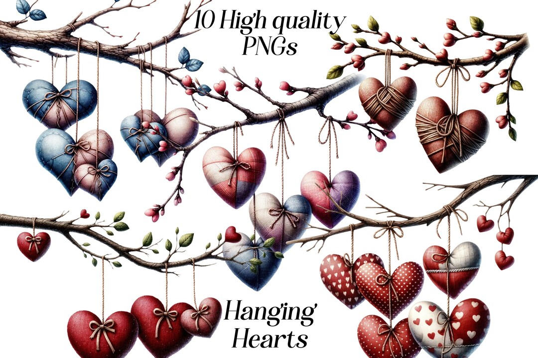 Watercolor Hanging Hearts Clipart, 10 High Quality PNG Files, Heart ...