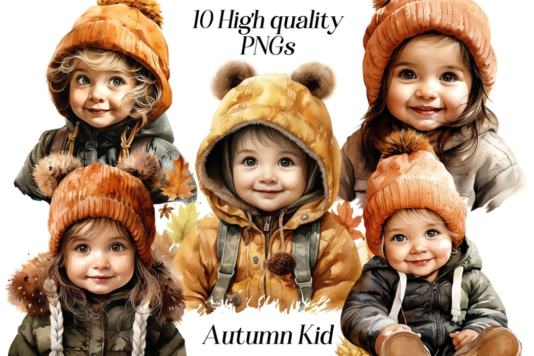 Watercolor Autumn Kid Clipart, 10 High Quality PNG Files, Autumn ...