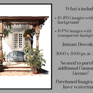Watercolor Porch Clipart, 10 High Quality JPEG and PNG Files, House ...