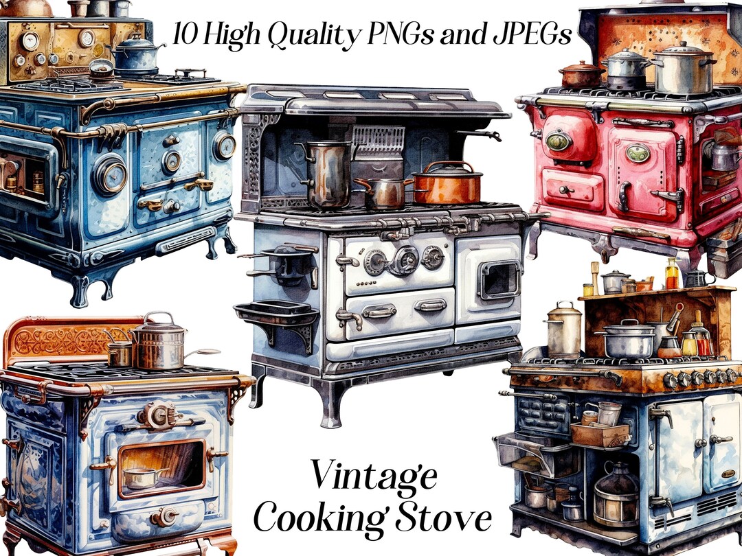Watercolor Vintage Stove Clipart: Cottagecore Kitchen Graphics (JPEG ...