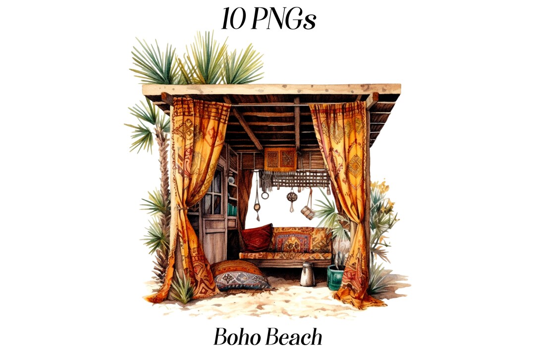 Watercolor Boho Beach Clipart, 10 High Quality JPEG and PNG Files ...