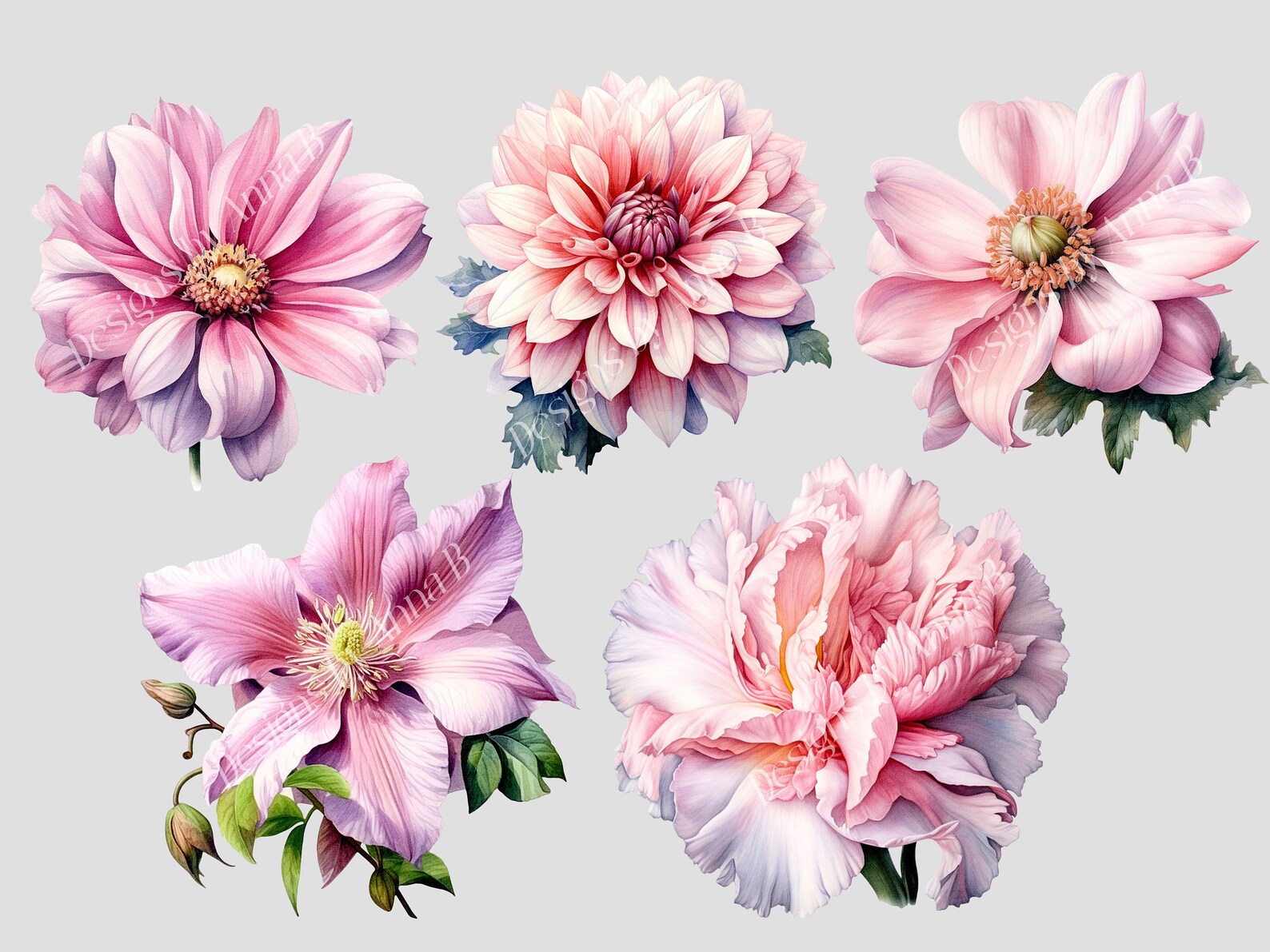 Watercolor Pink Flowers Clipart, 33 High Quality PNG Files, Wedding ...