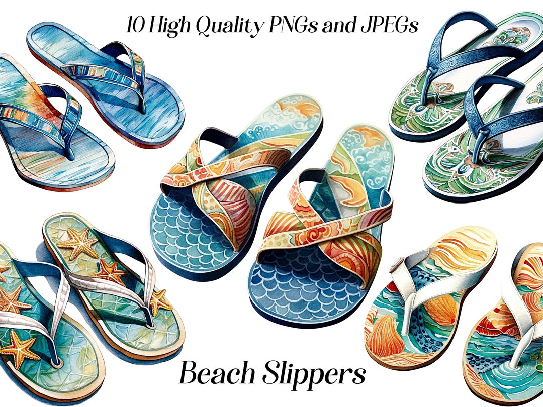 Watercolor Beach Slippers Clipart, 10 High Quality JPEG and PNG Files ...