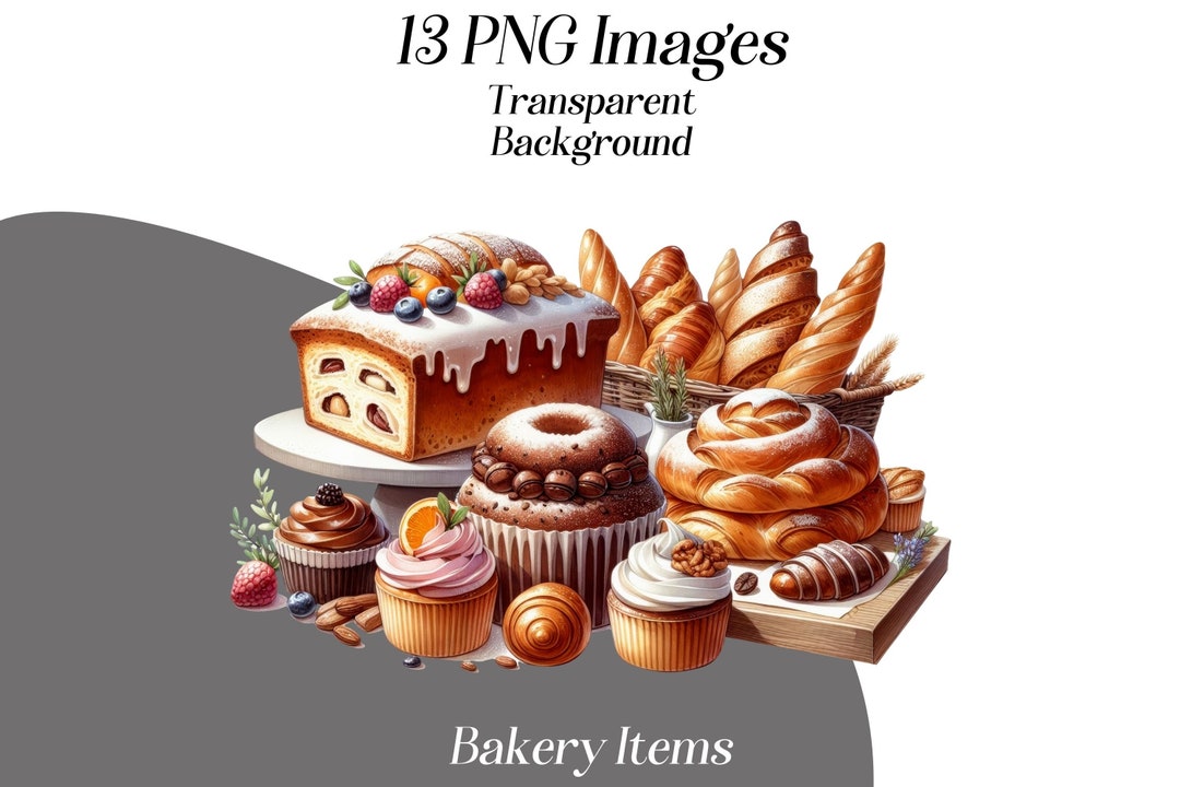Watercolor Bakery Clipart: Pastries, Cakes, Bread (13 PNG Files ...