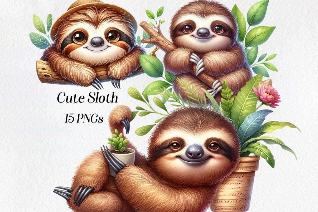 Sloth Clipart, Cute Cloth Clip Art, Watercolor Sloth Png, Sloth ...