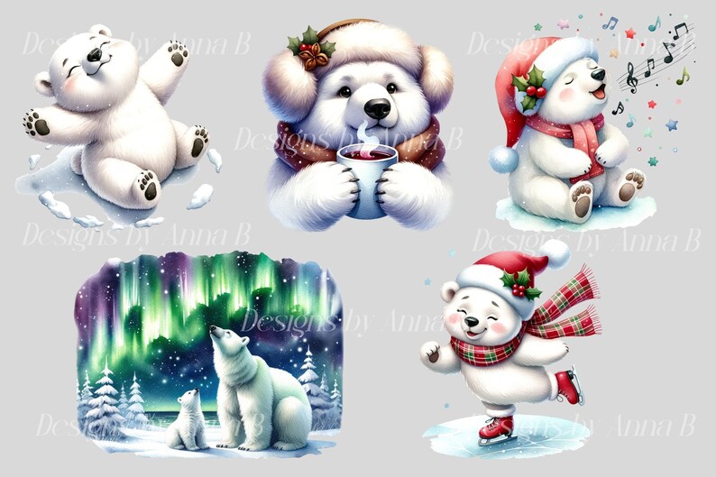 Watercolor Christmas Polar Bear Clipart: Festive PNG Graphics (digital ...