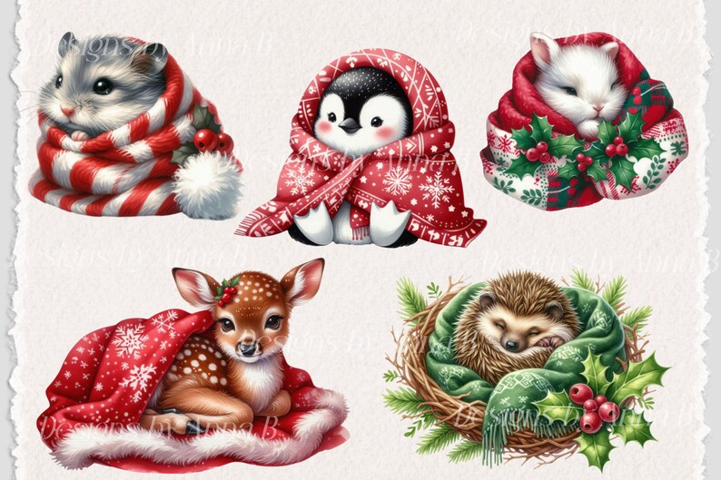 Christmas Animals Clipart: Watercolor Holiday PNG Images (digital ...