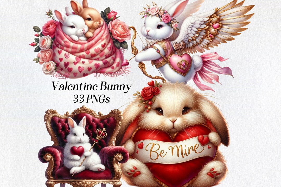 Valentine Bunny Clipart, Watercolor Cute Rabbit Clip Art, Png, Hearts ...