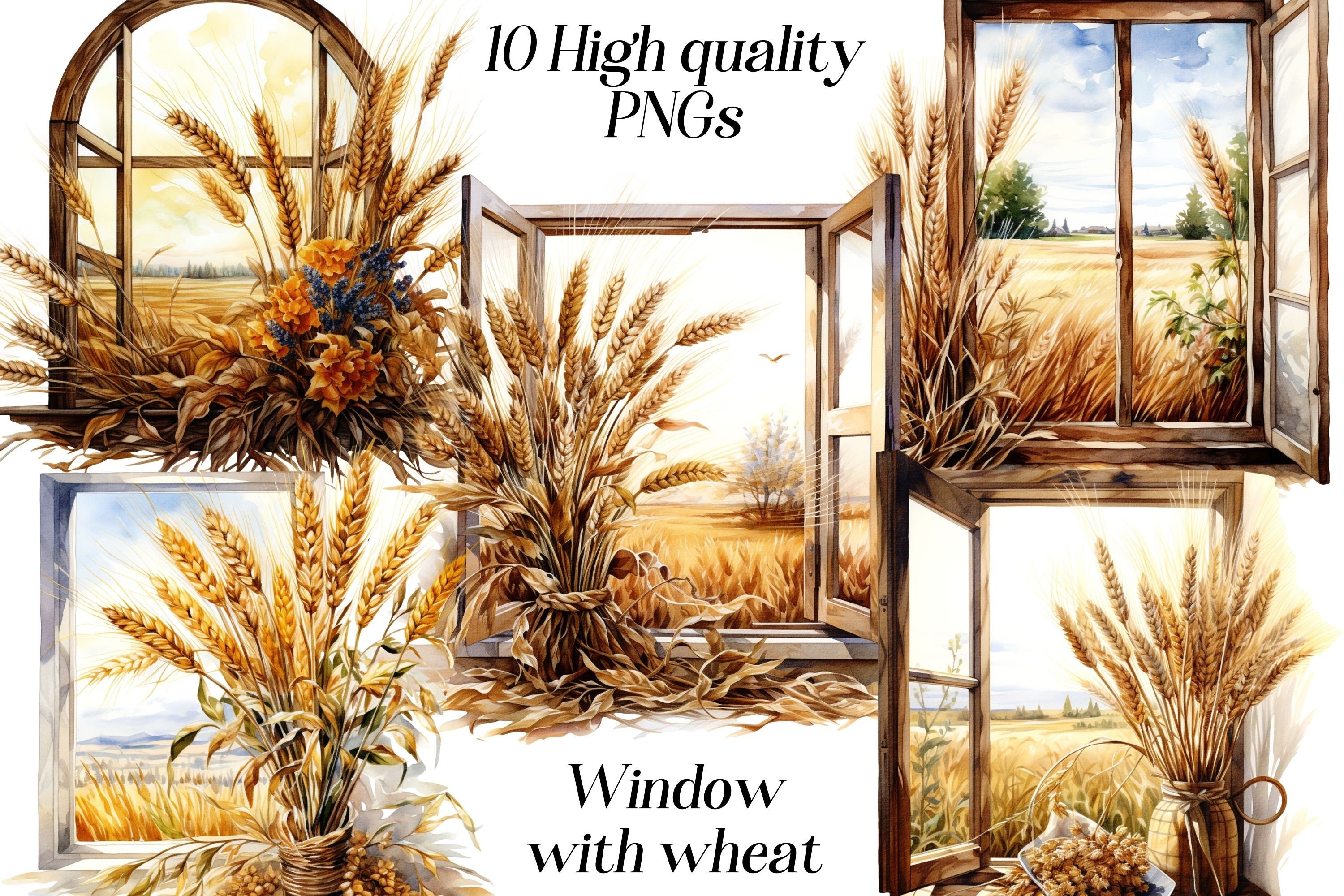 Watercolor Window Wheat Clipart: Harvest Bakery Decor (PNG Files) - Etsy