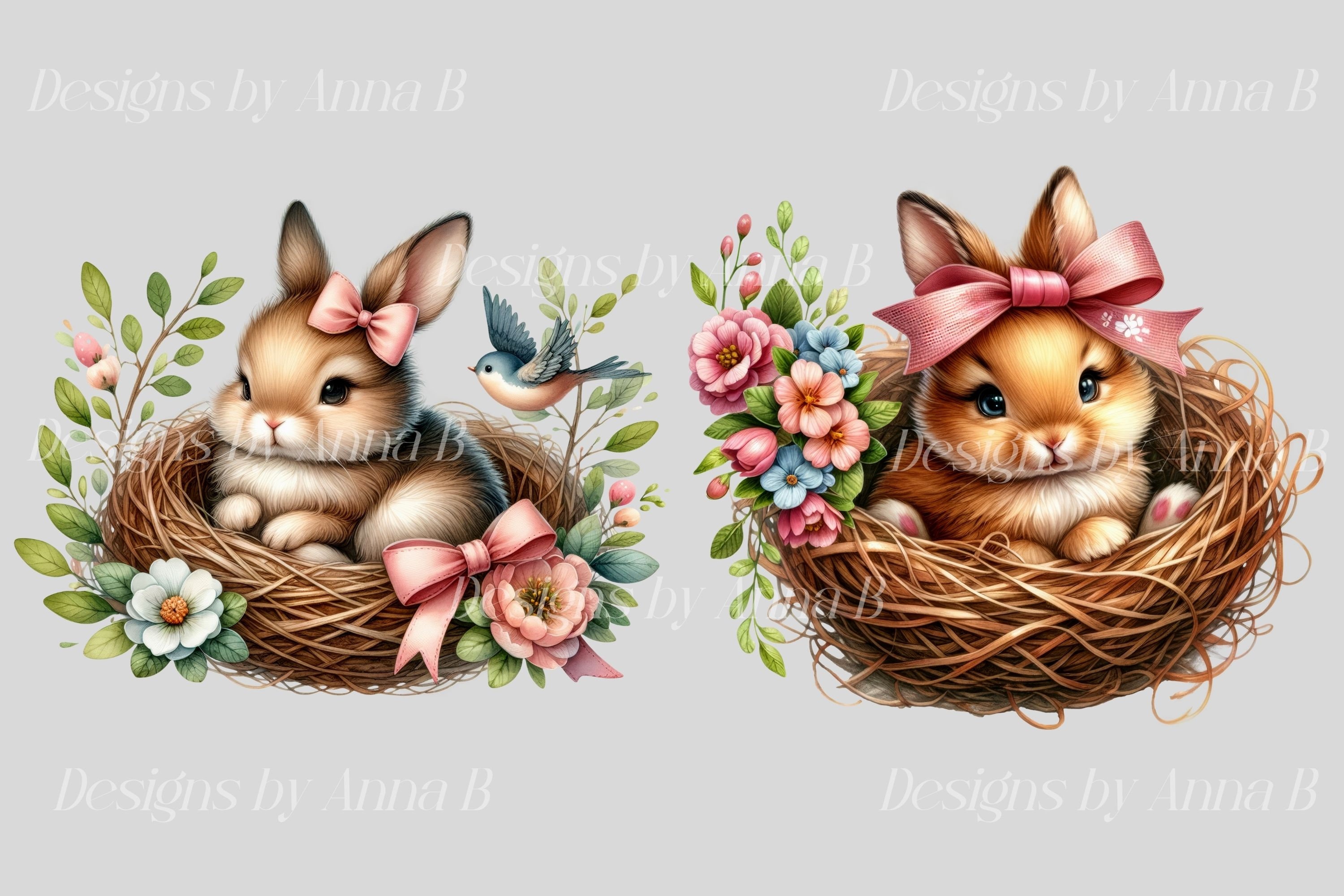 Watercolor Bunny Clipart, Cute Baby Animals, Spring Graphics (digital ...