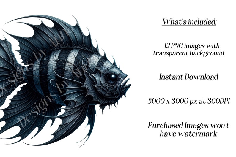 Watercolor Gothic Fish Clipart: Spooky Black PNG Files (digital ...