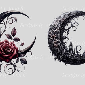 Gothic Crescent Clipart: Watercolor Moon & Red Roses (PNG Digital ...