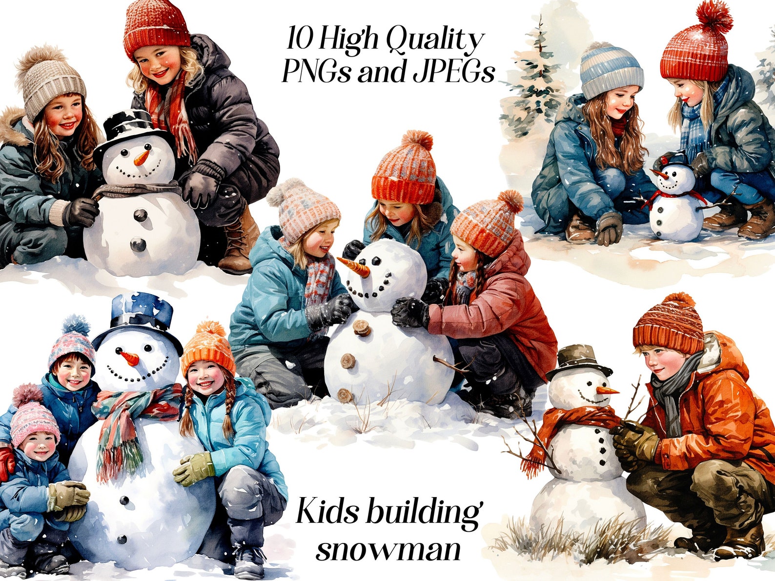 Watercolor Kids Building Snowman Clipart (JPEG, PNG) - Etsy