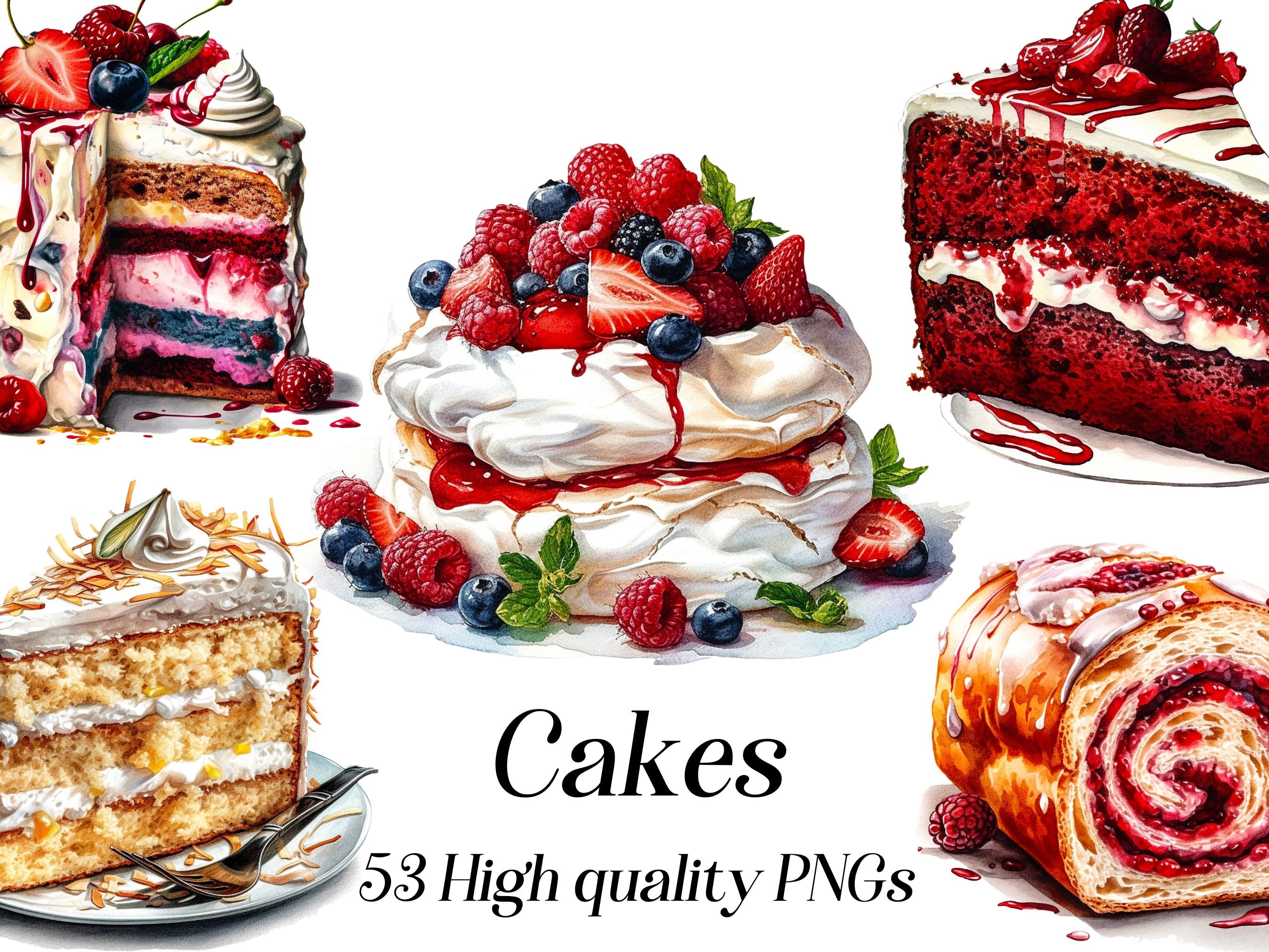 Watercolor Cake Clipart: 53 PNG Dessert Illustrations (digital Download ...