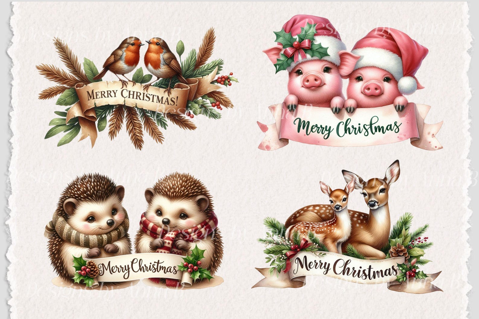 Watercolor Christmas Animals Clipart: Holiday PNG Graphics (digital ...