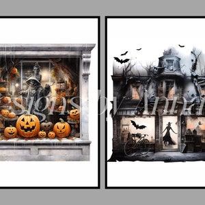 Watercolor Halloween Shop Window Clipart: Spooky Storefront (JPEG, PNG ...