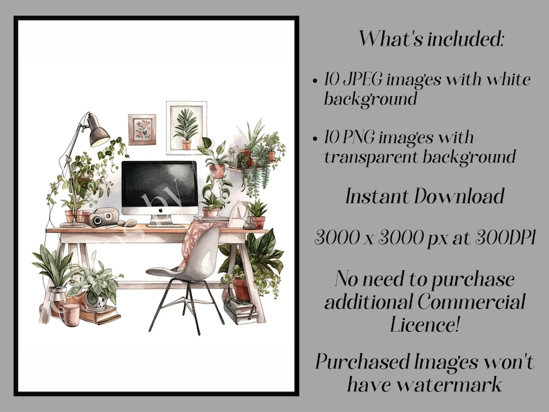 Watercolor Home Office Clipart: Desk With Computer, Plants (JPEG, PNG ...