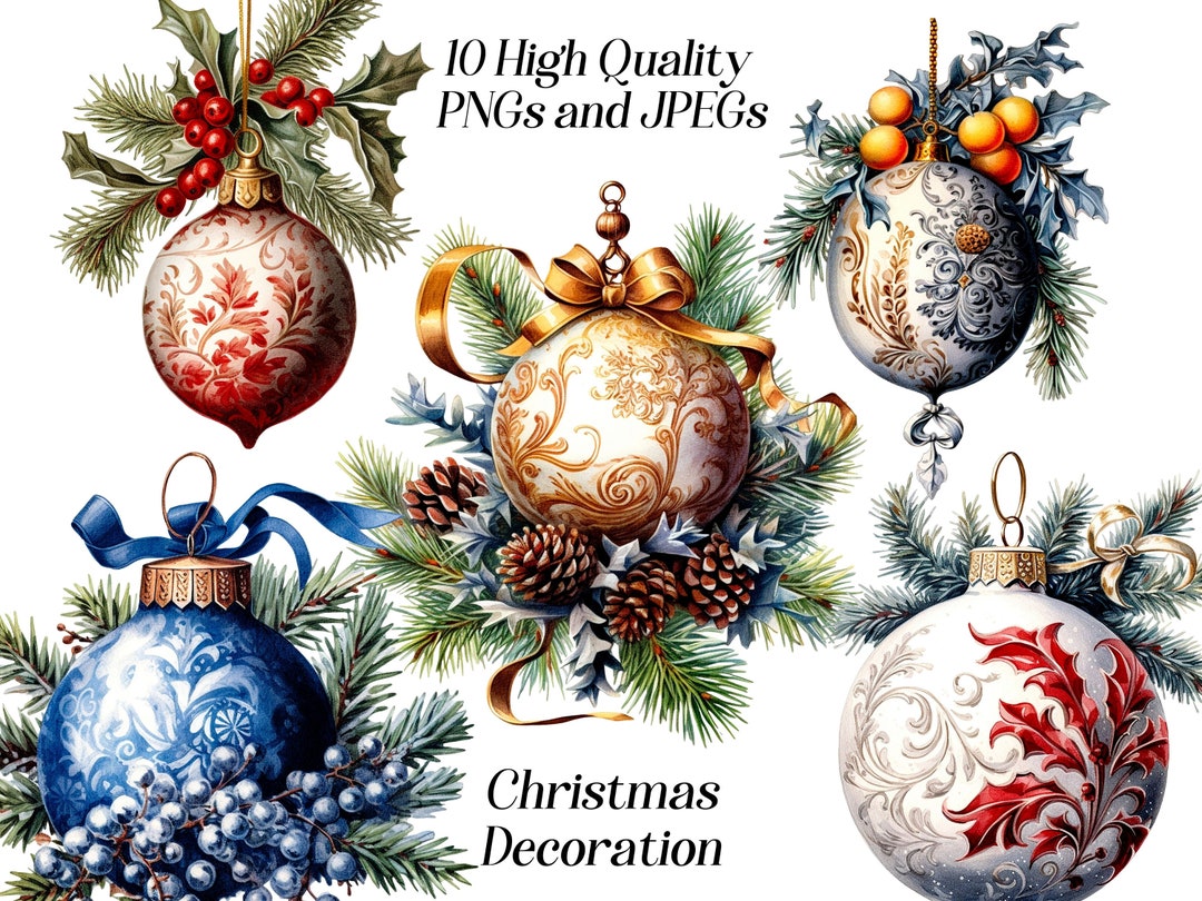 Watercolor Christmas Ornaments Clipart: Holiday Decor (digital Download ...