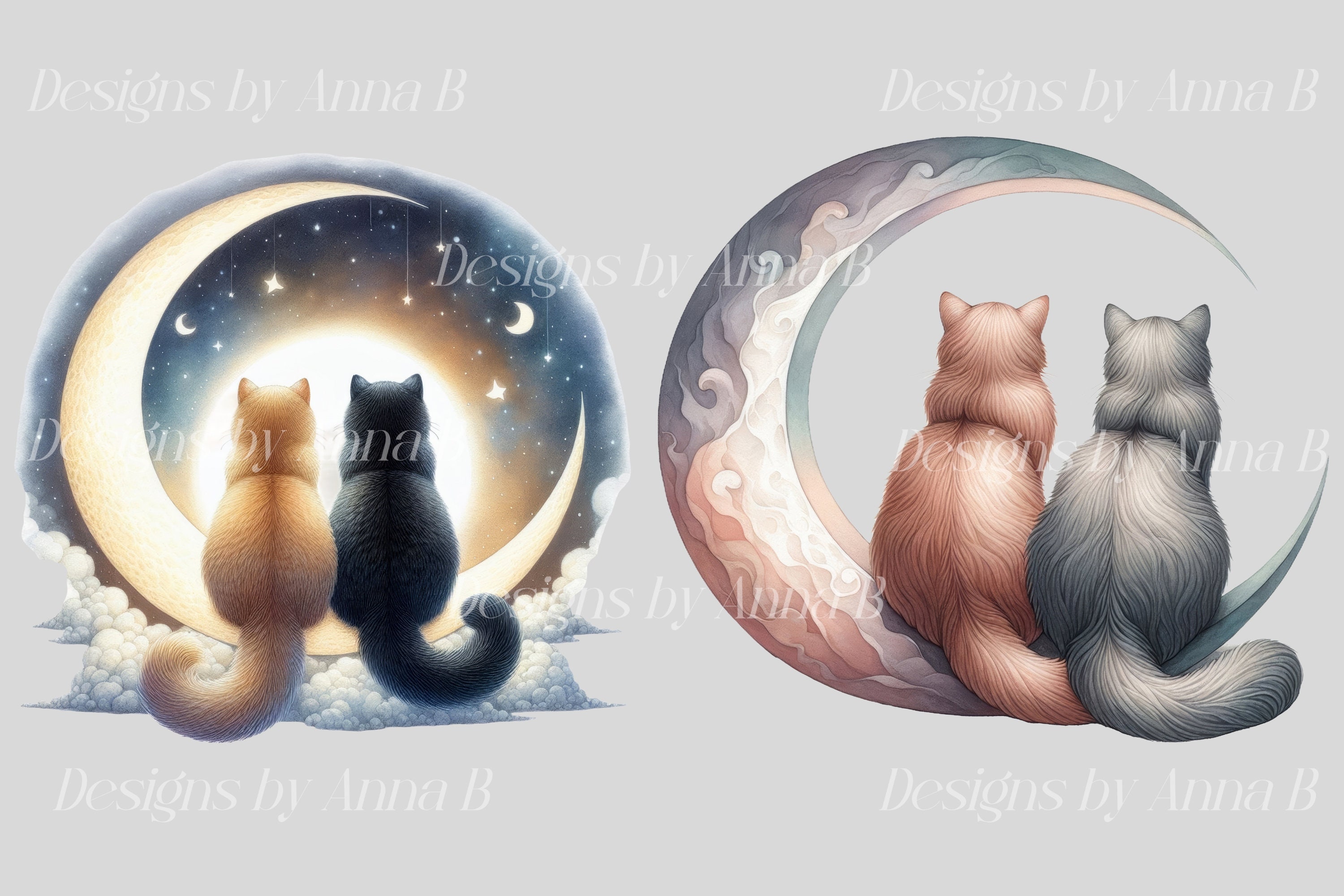 Watercolor Cats Clipart: Celestial Moon PNG Graphics (digital Download ...