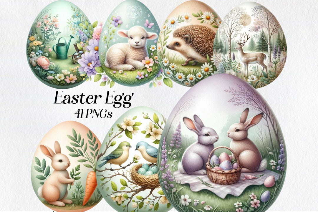 Watercolor Easter Egg Clipart: Spring Animals, Floral Pngs (digital ...