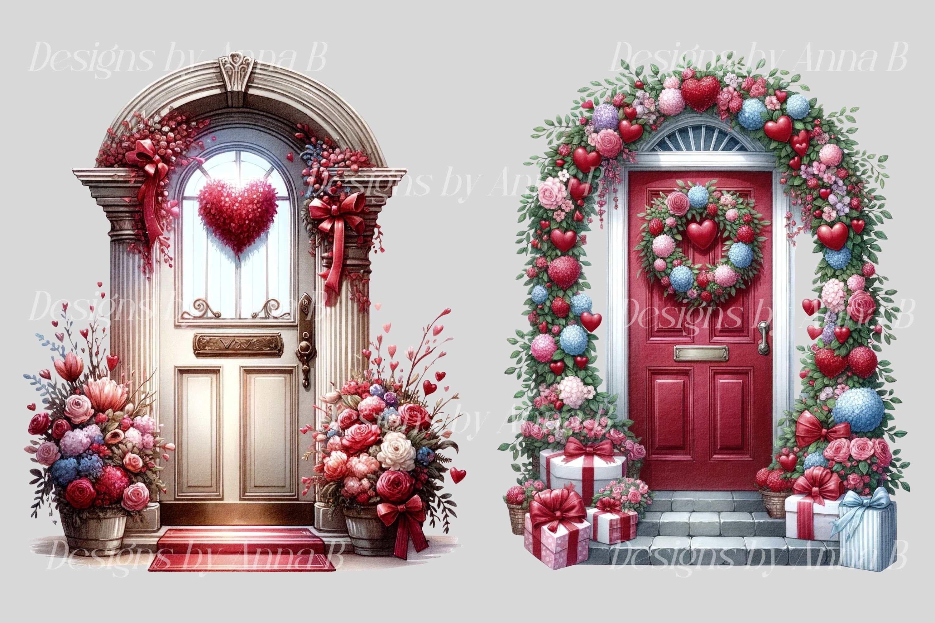 Watercolor Valentine Door Clipart: Floral Heart PNG Images (digital ...