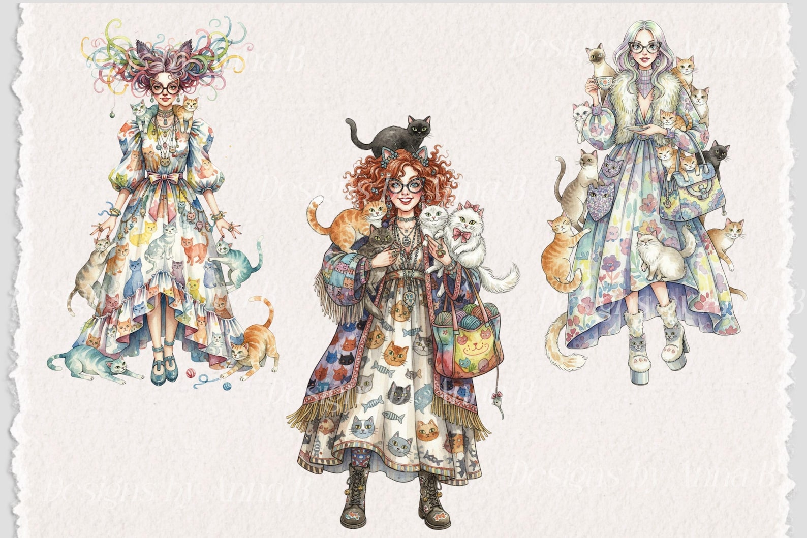 Whimsical Crazy Cat Lady Clipart: Fashion Illustration PNG Set (digital ...