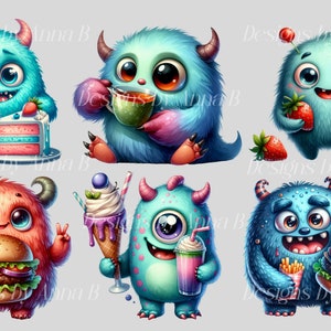 Watercolor Monsters Eating Food Clipart, 43 PNG Files, Cute Creatures ...