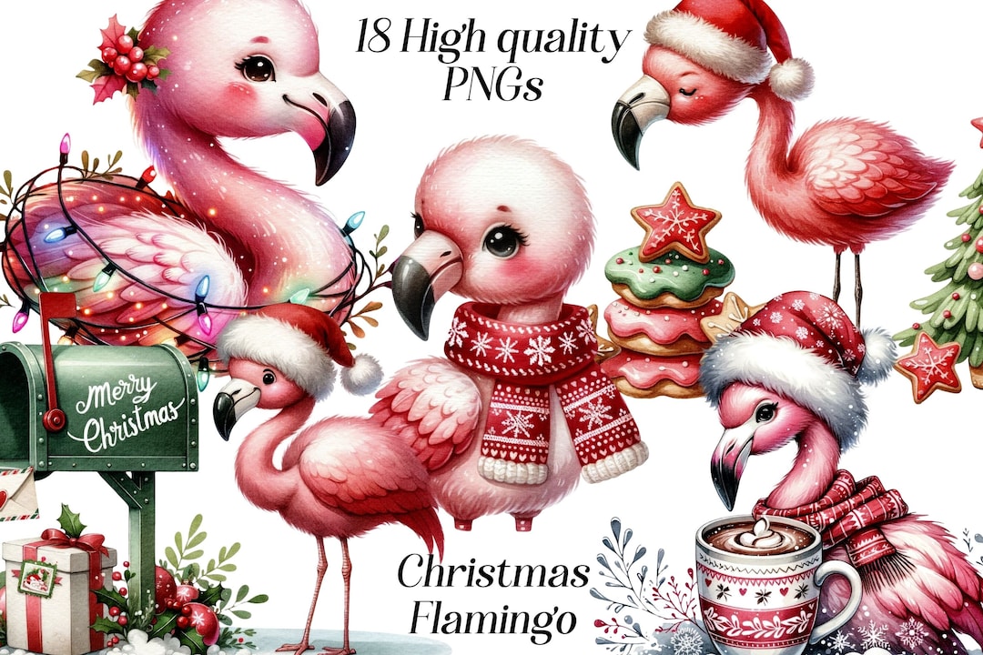 Watercolor Christmas Flamingo Clipart: 18 PNG Graphics (digital ...