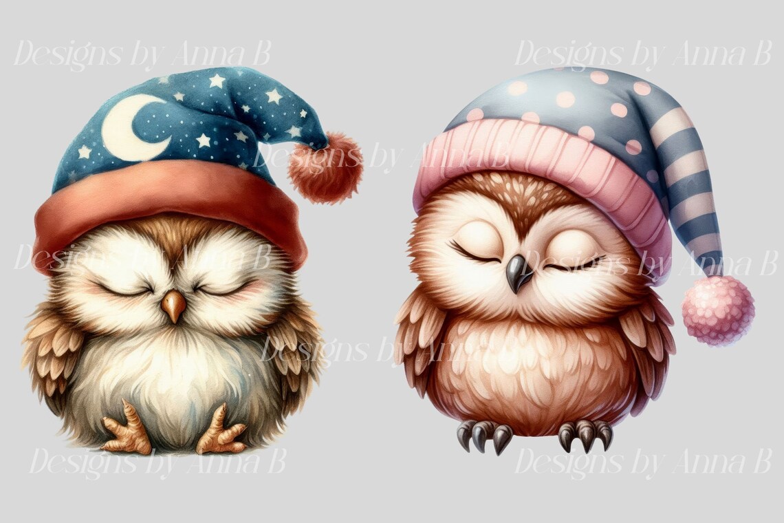 Watercolor Sleepy Owl Clipart: Nursery Art, PNG Files (digital Download ...