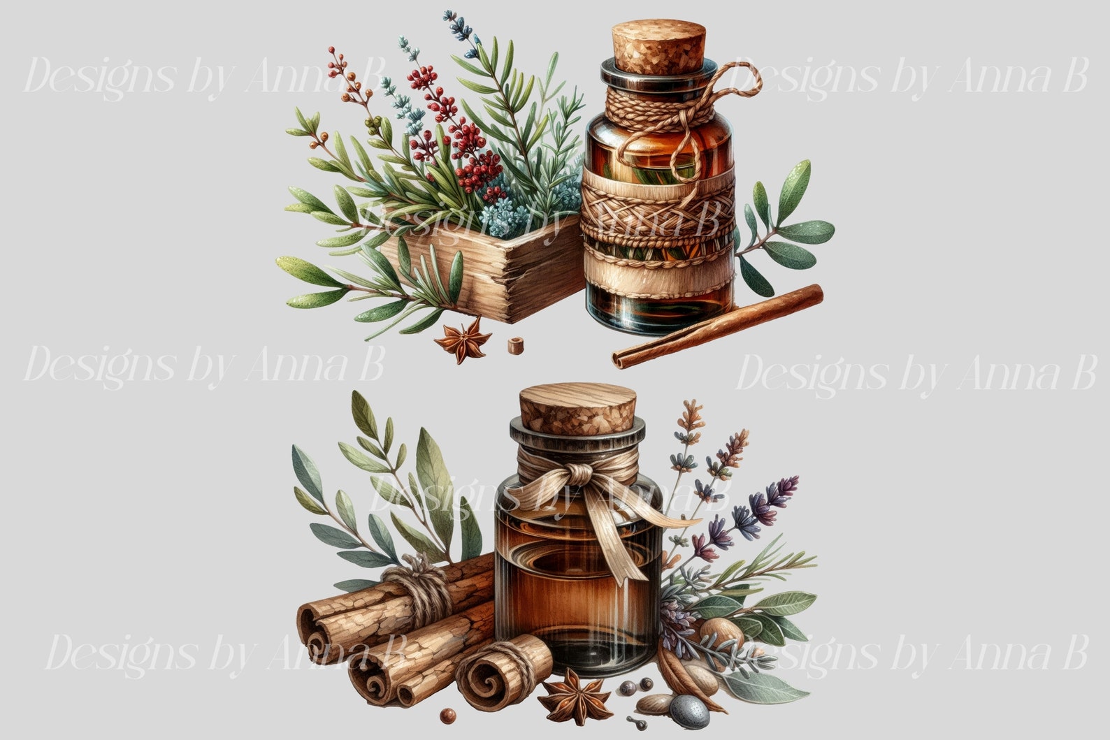 Watercolor Essential Oils Clipart: Botanical Aromatherapy PNG (digital ...