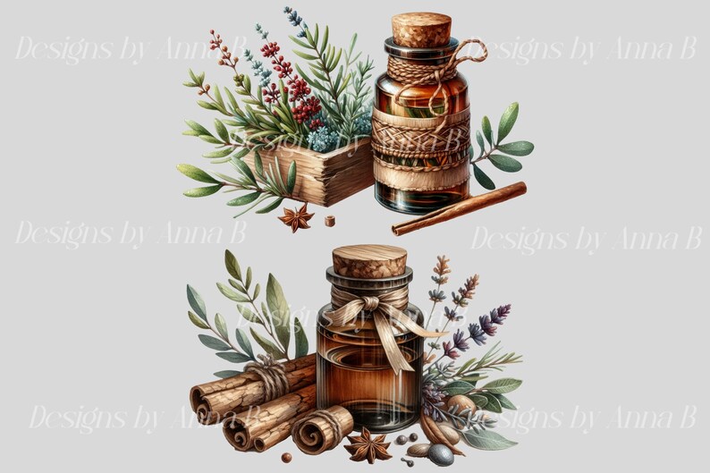 Watercolor Essential Oils Clipart: Botanical Aromatherapy PNG (digital ...