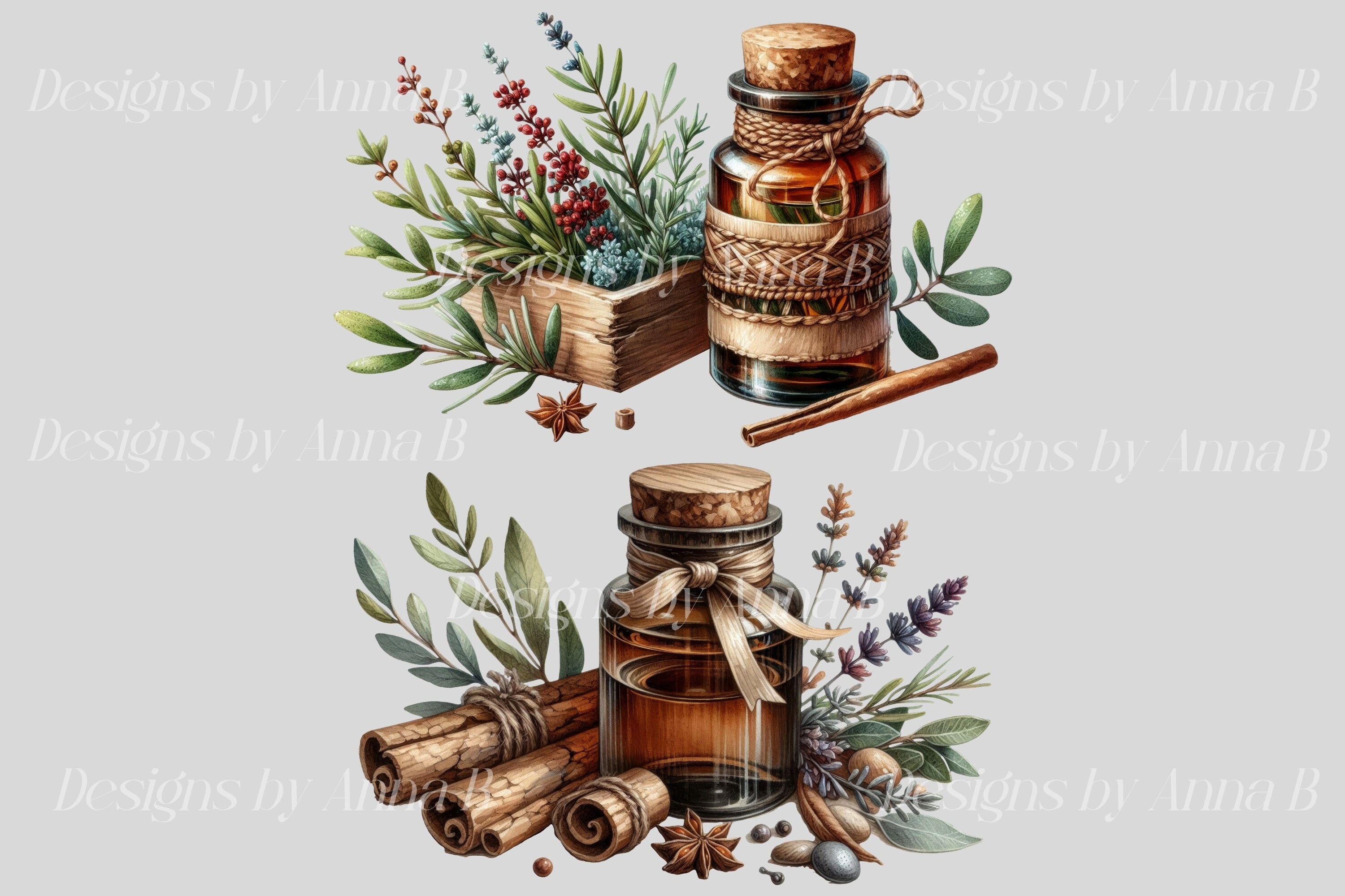 Watercolor Essential Oils Clipart: Botanical Aromatherapy PNG (digital ...
