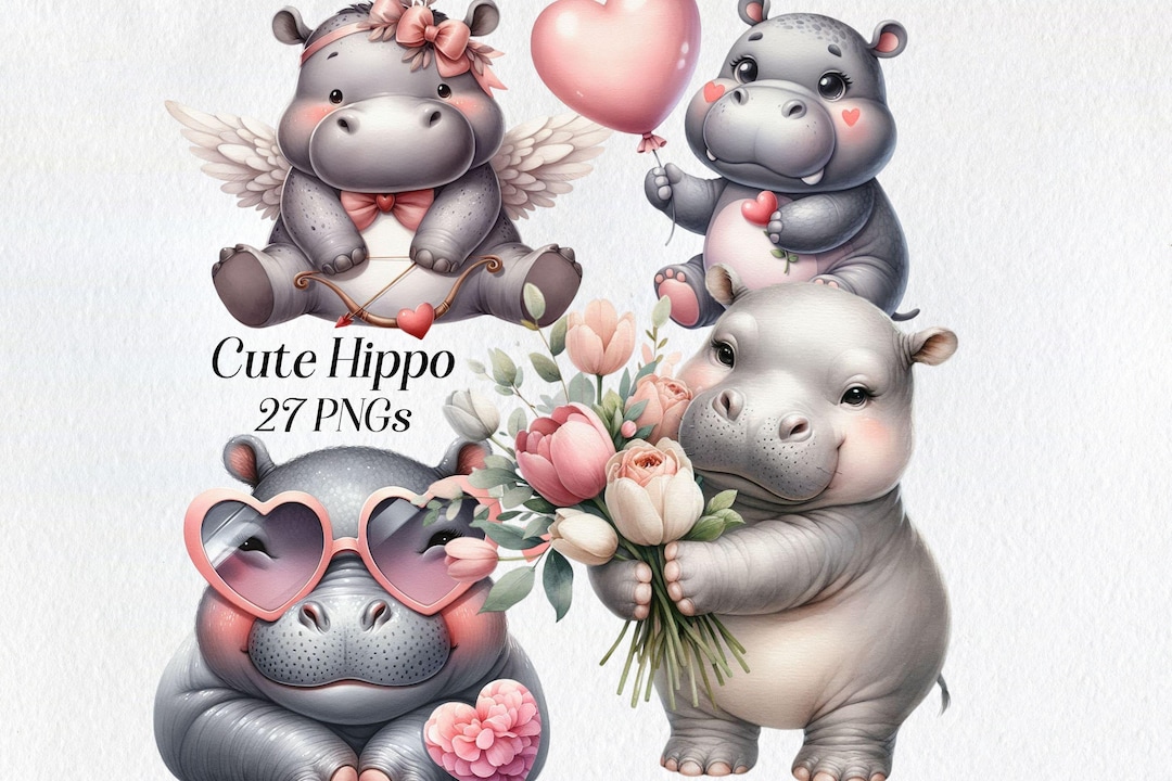 Watercolor Hippo Clipart, Valentine's Day Animals (digital Download) - Etsy