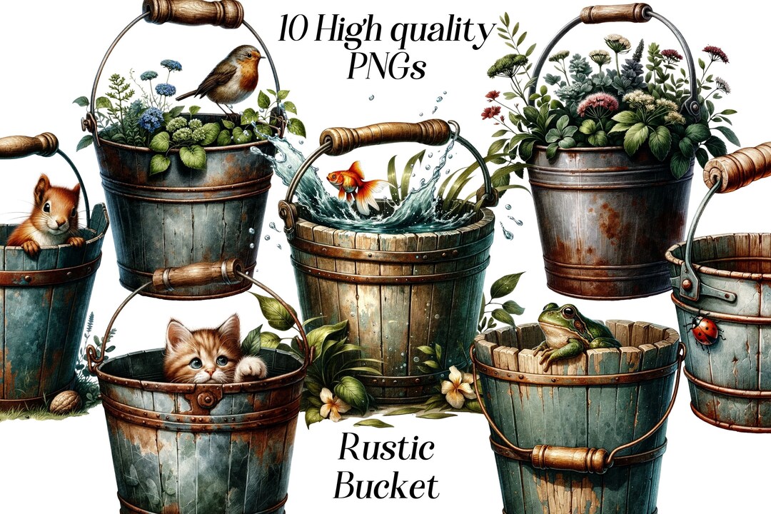 Watercolor Rustic Bucket Clipart, 10 High Quality PNG Files, Garden ...