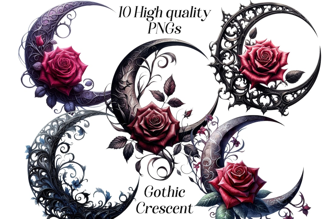Gothic Crescent Clipart: Watercolor Moon & Red Roses (PNG Digital ...