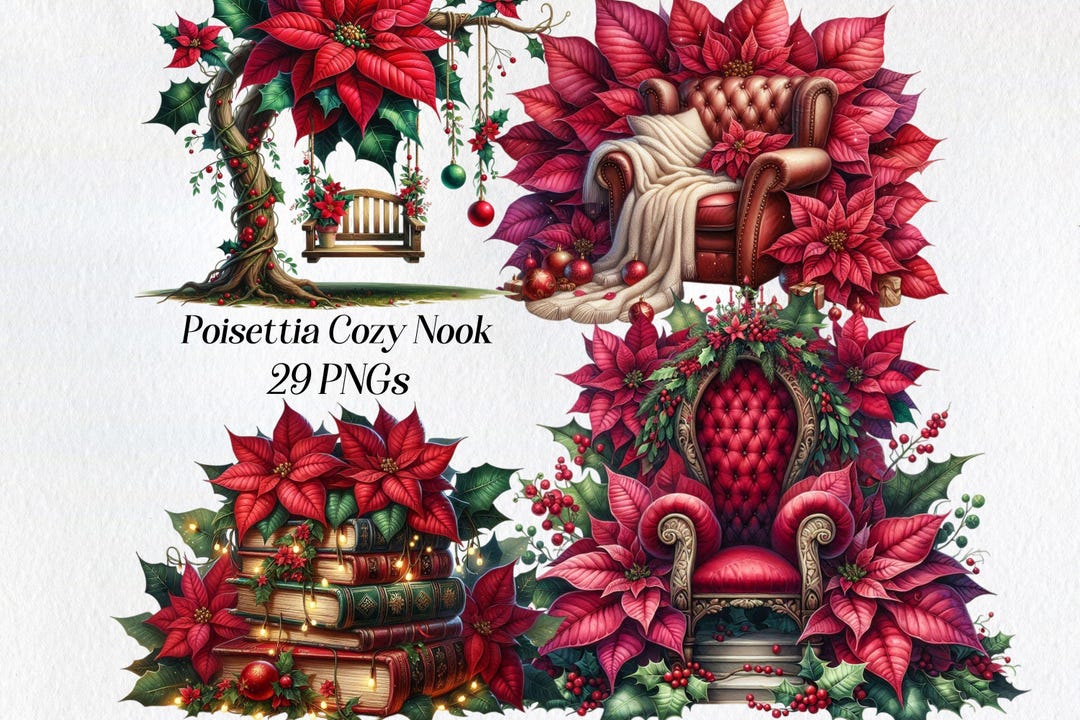 Poinsettia Christmas Clipart: Cozy Holiday Nook PNG Art Set (digital ...