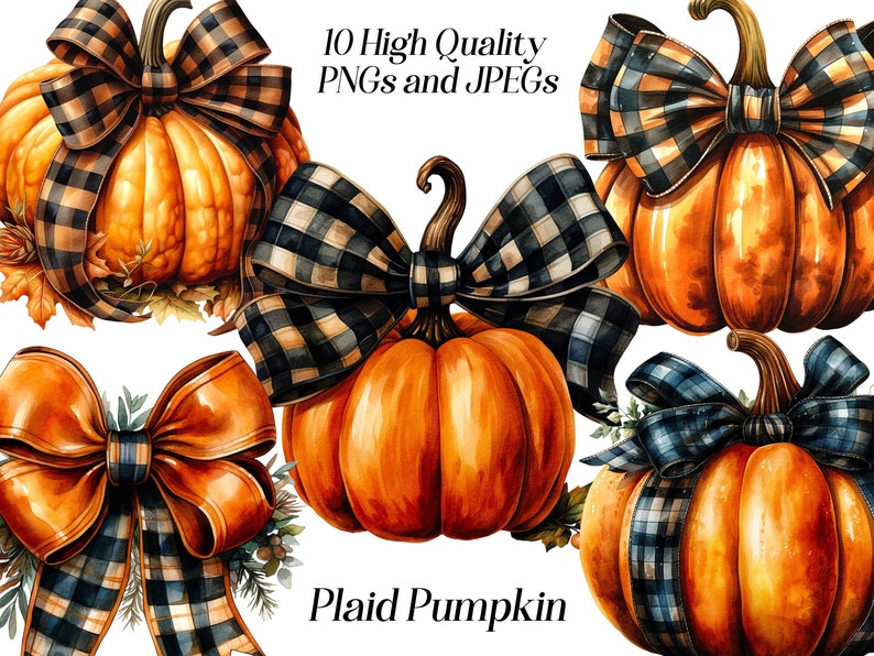 Watercolor Plaid Pumpkin Clipart: Fall Autumn PNG JPEG Files (digital ...