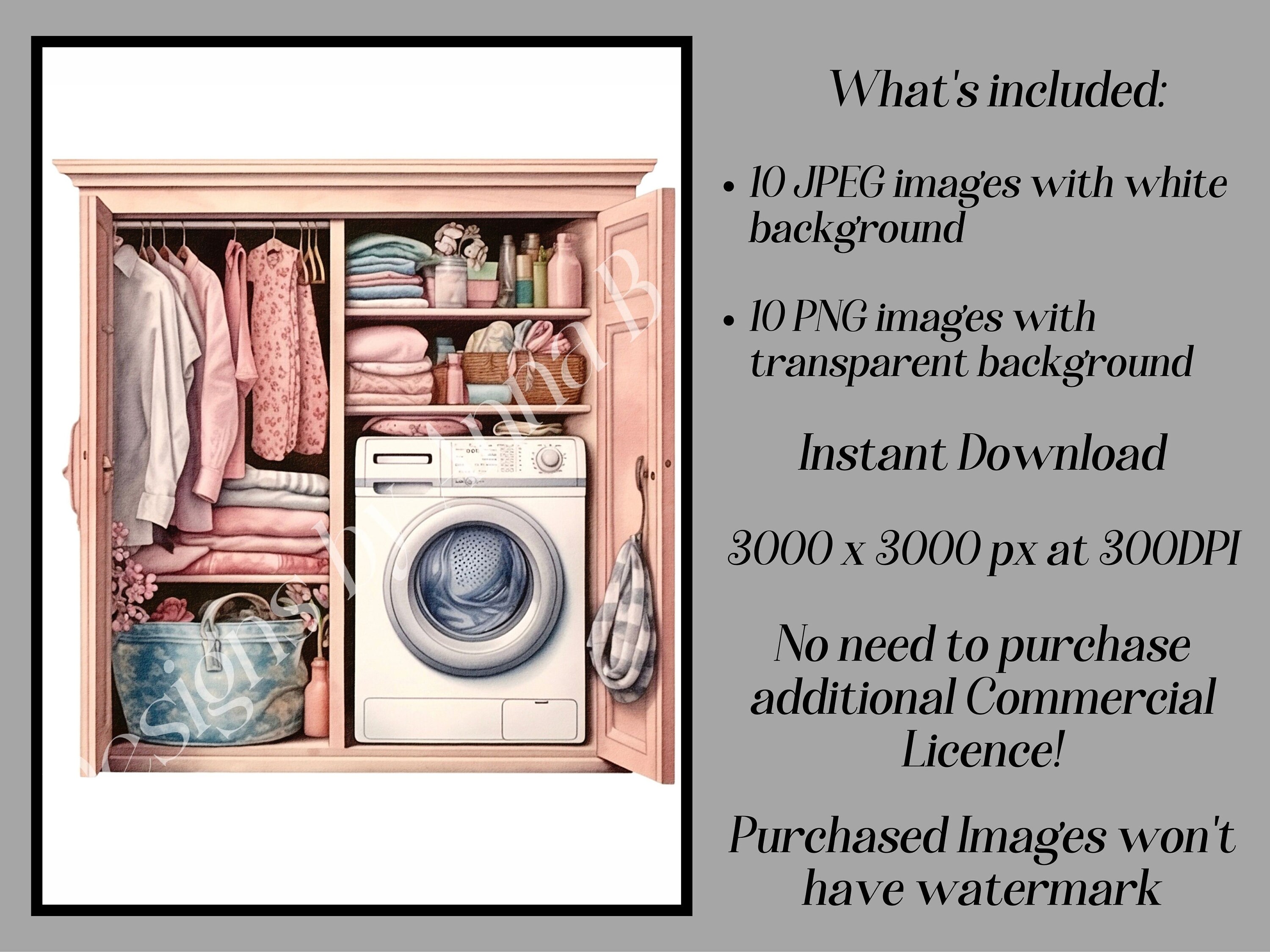 Watercolor Laundry Room Clipart: 10 PNG & JPEG Files (digital Download ...