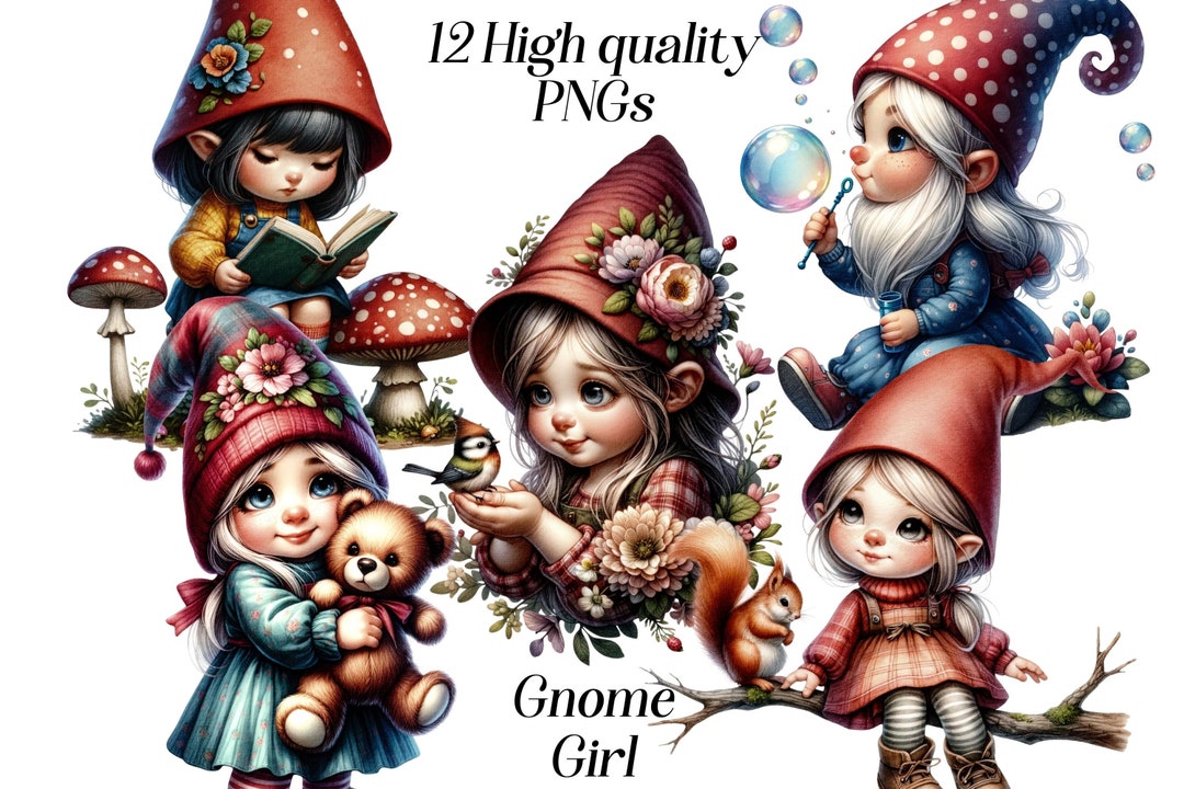 Watercolor Gnome Girl Clipart, 12 High Quality PNG Files, Cute Girl ...