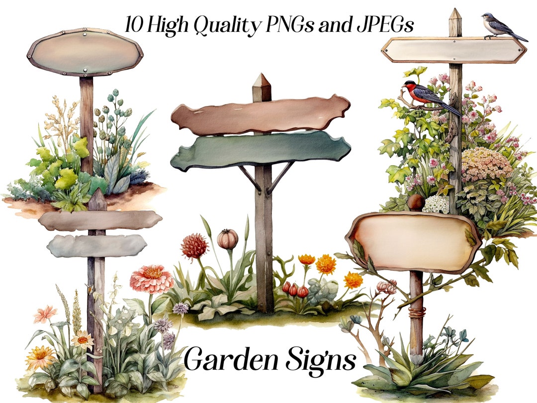 Watercolor Garden Signs Clipart: Cottagecore Rustic Art (digital ...