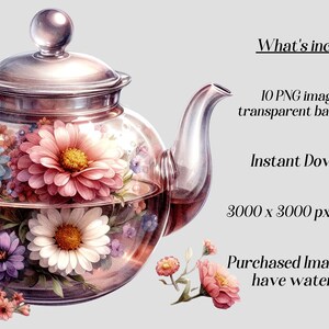 Watercolor Teapot Clipart: Floral Glass Teapot Illustration (PNG ...