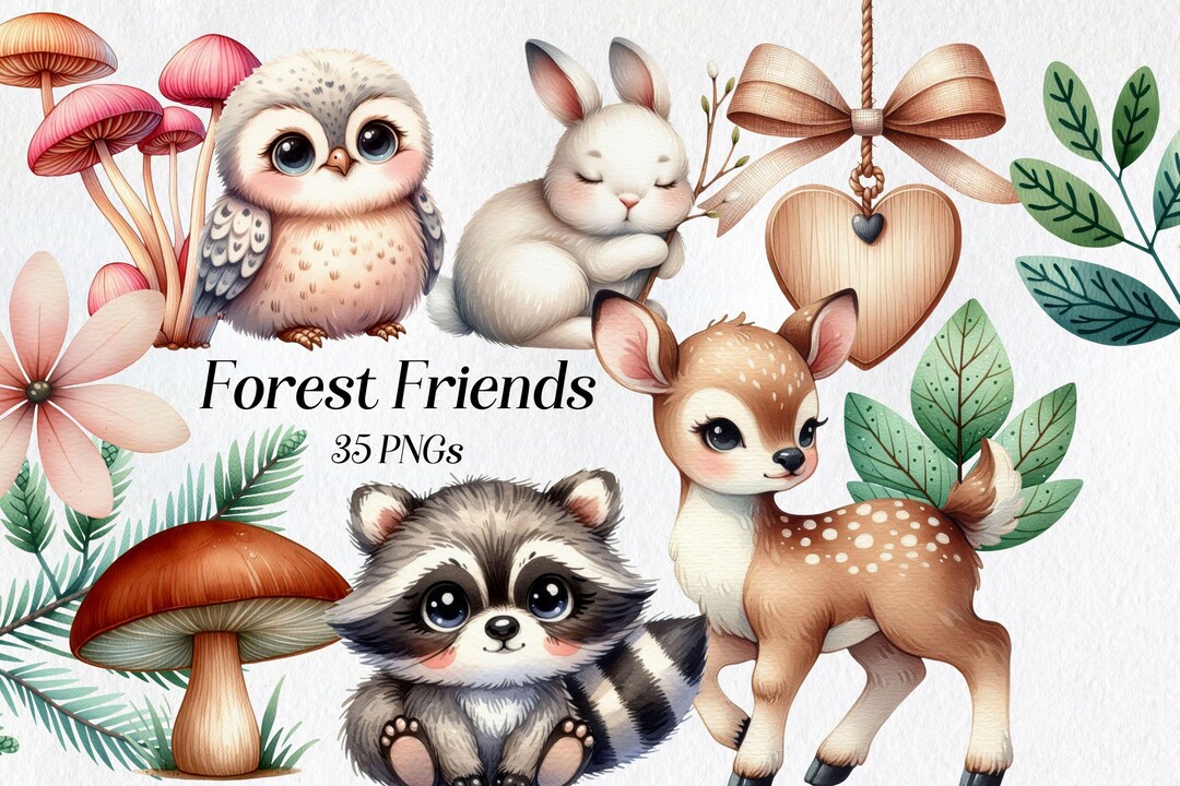 Forest Friends Clipart Set - Cute Woodland Animals and Nature Scenery ...