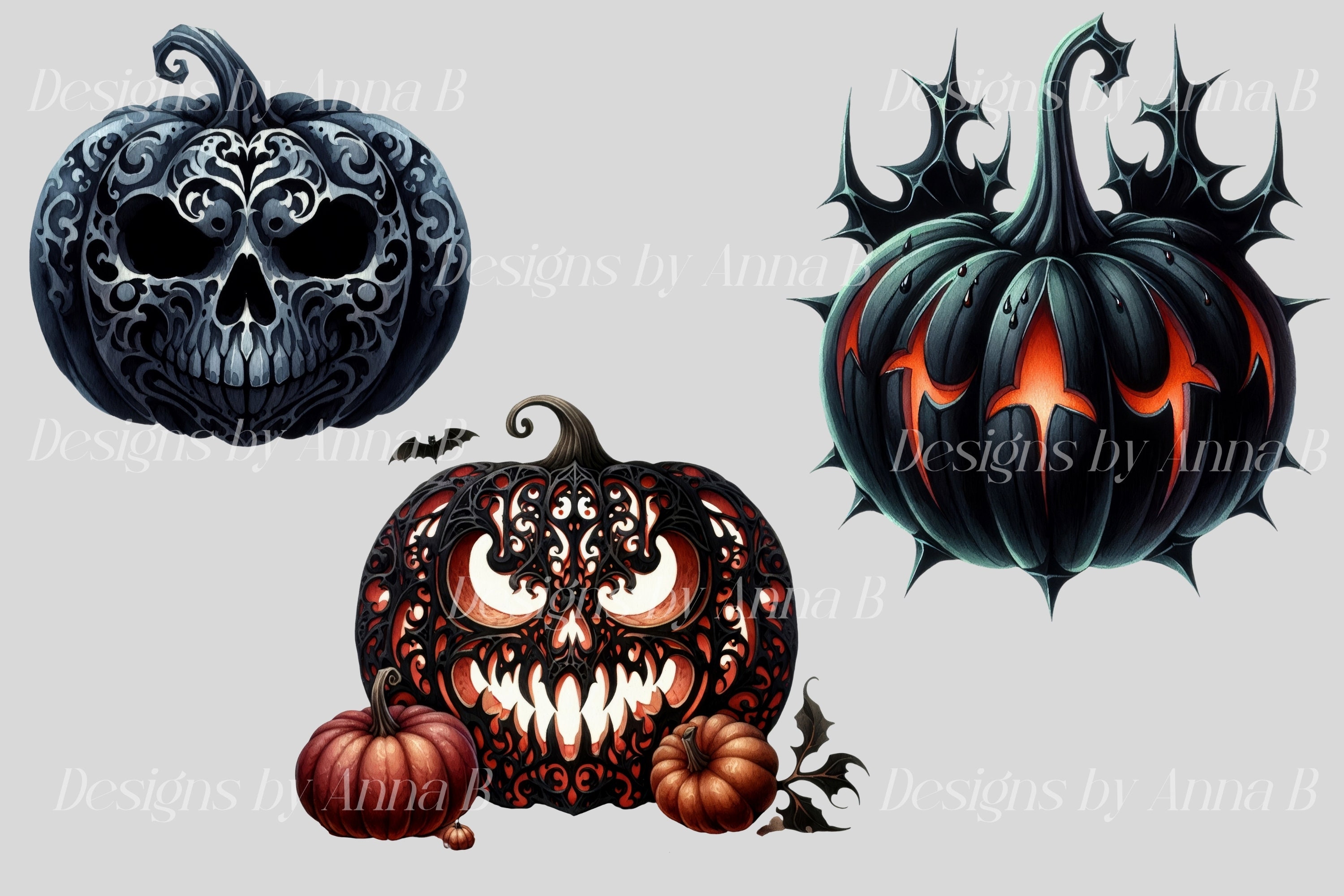 Watercolor Gothic Pumpkin Clipart: Spooky Halloween PNG Images (digital ...