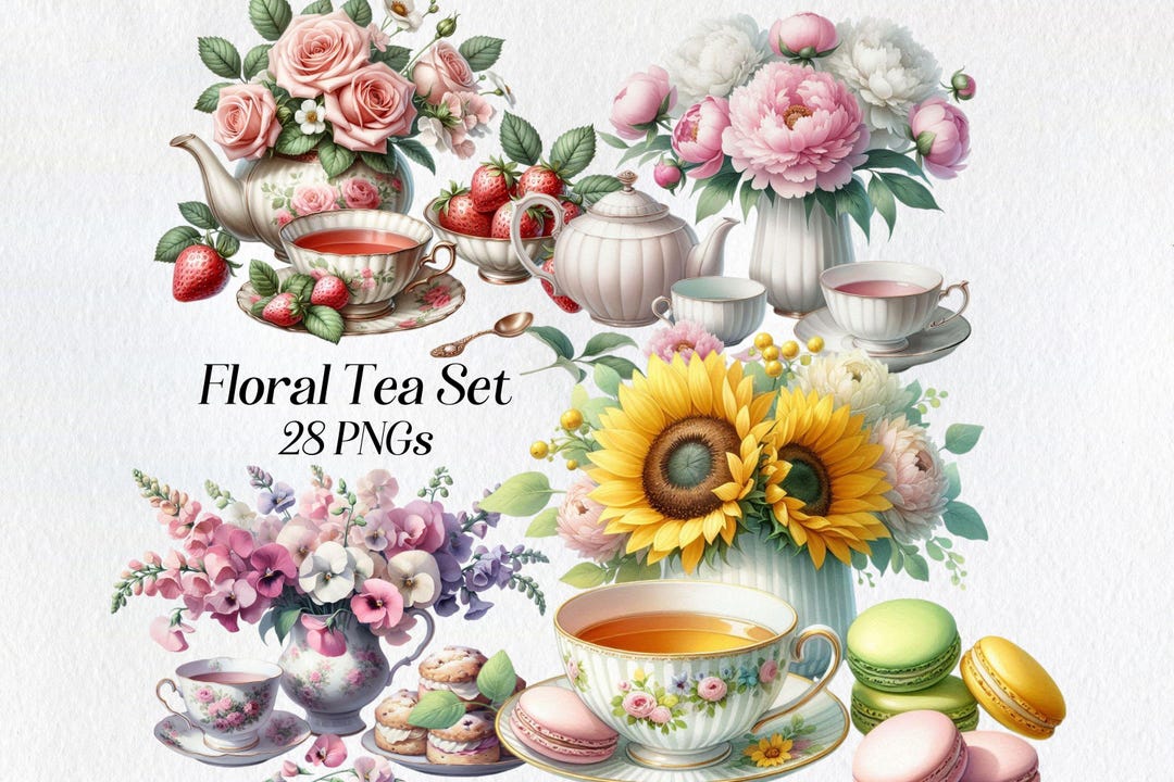 Floral Tea Set Clipart - Elegant Tea Cups, Teapots, and Floral Designs ...