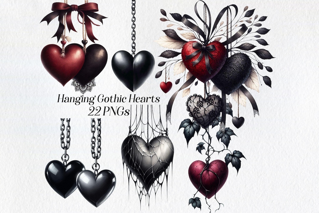 Gothic Hearts Clipart, Watercolor Goth Valentine Clip Art, Png, Hanging ...