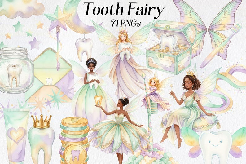 Tooth Fairy Clipart: Pastel Watercolor Fairies PNG Bundle (digital ...