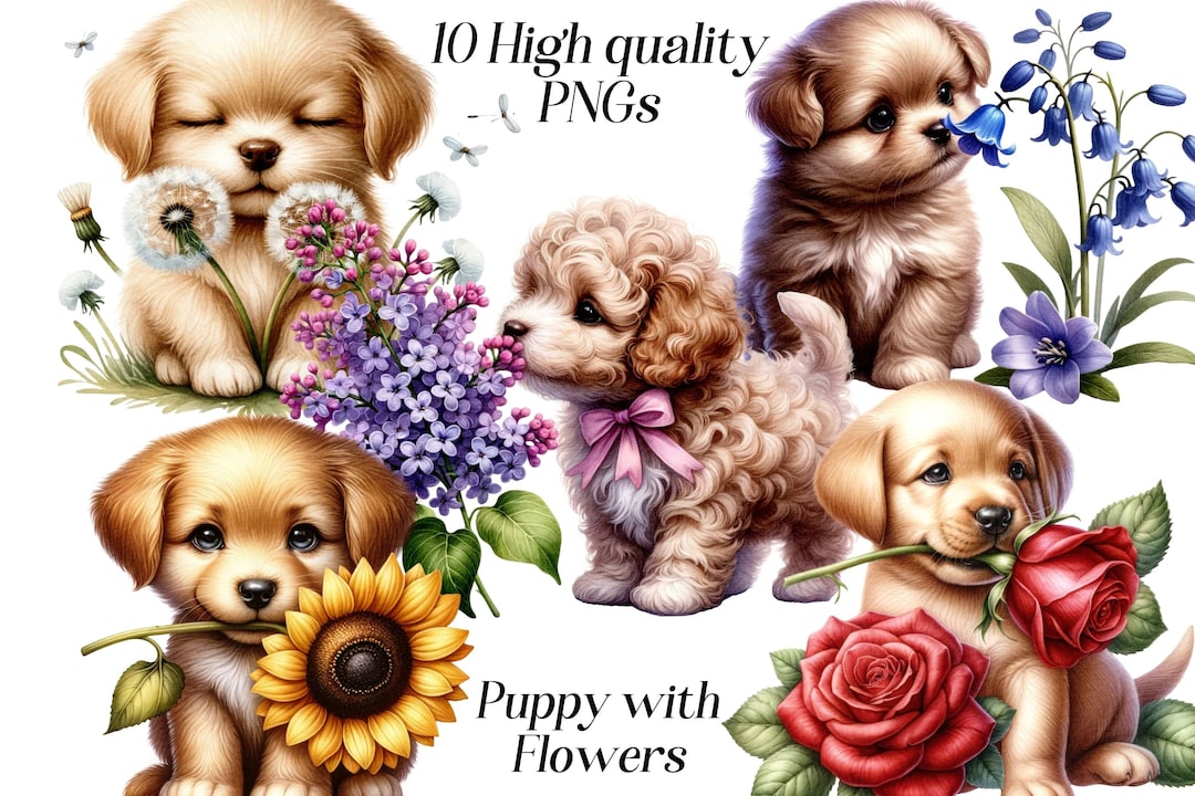 Watercolor Puppy With Flowers Clipart, 10 High Quality PNG Files, Cute ...