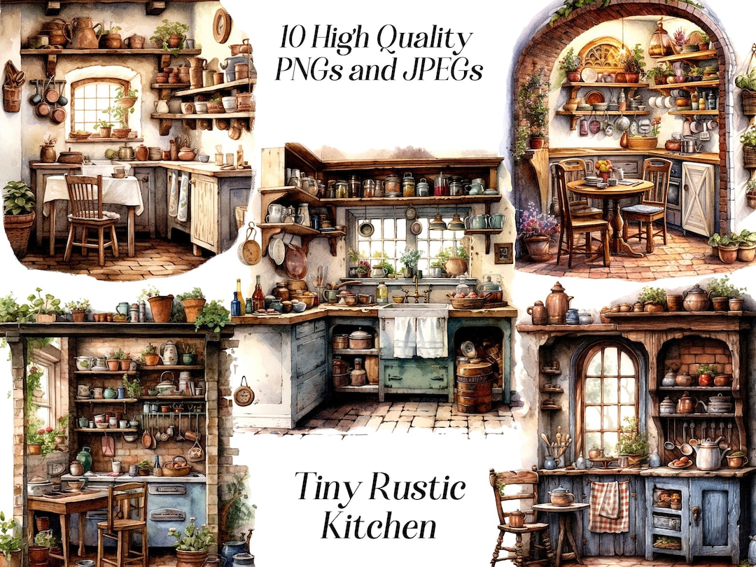 Watercolor Rustic Kitchen Clipart, 10 High Quality JPEG and PNG Files ...